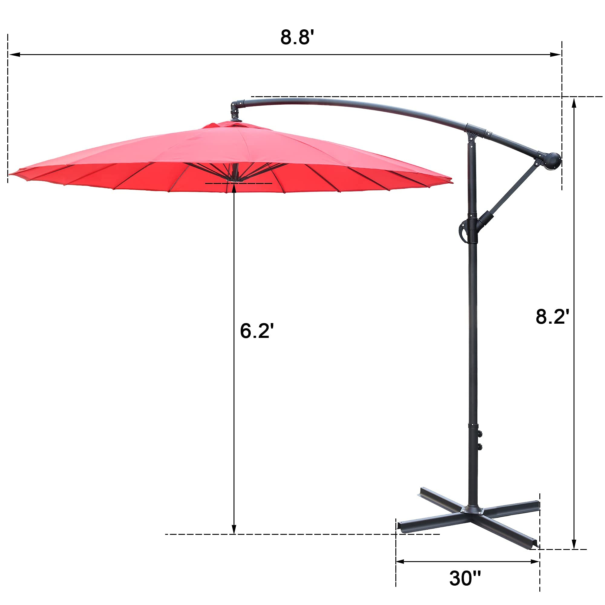 LUCKYERMORE 9ft Offset Hanging Market Patio Umbrella 18 Ribs Easy Tilt Adjust for Patio Backyard, Garden, Poolside and Beach, Red