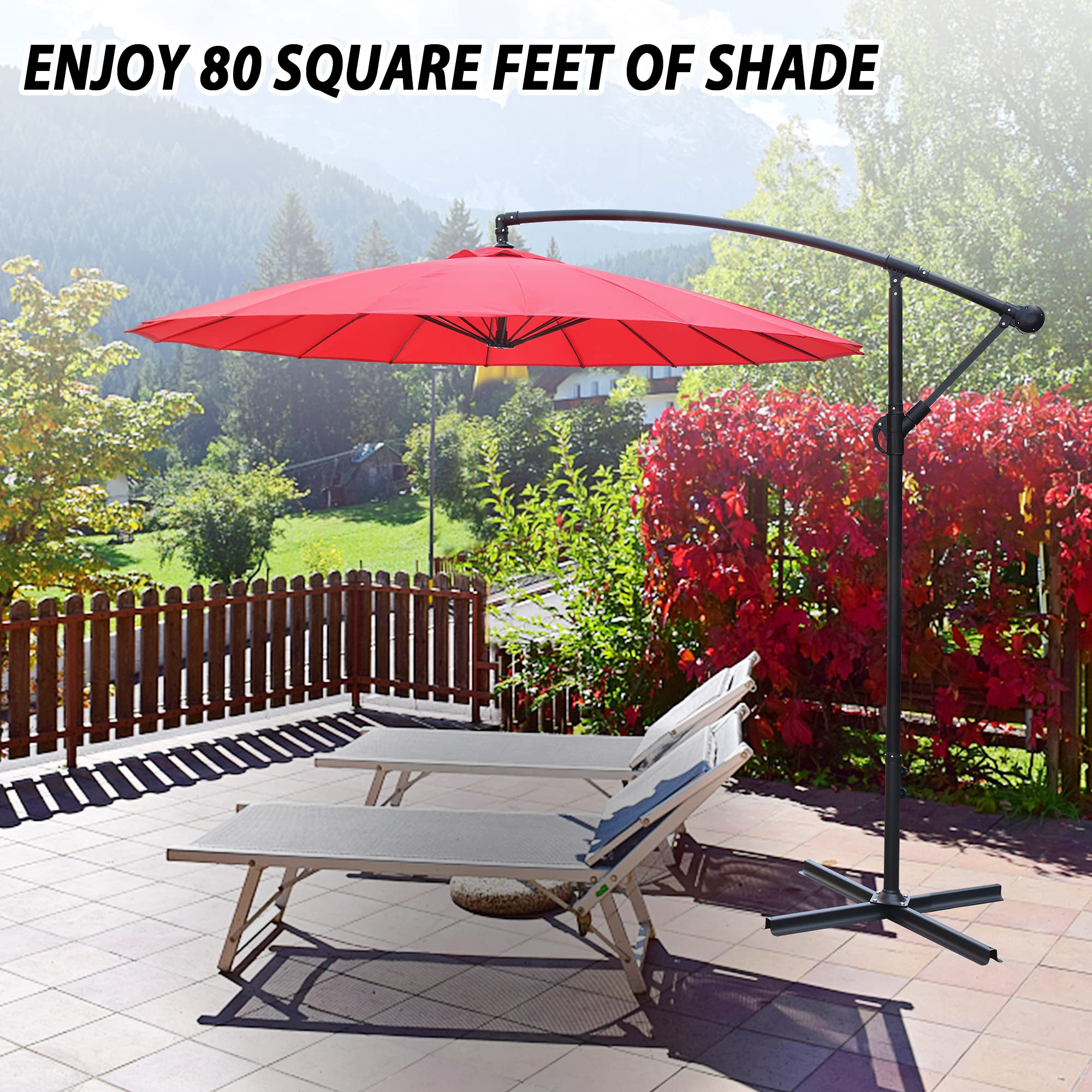 LUCKYERMORE 9ft Offset Hanging Market Patio Umbrella 18 Ribs Easy Tilt Adjust for Patio Backyard, Garden, Poolside and Beach, Red