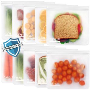 splf 10 pack dishwasher safe reusable sandwich bags, reusable storage bags, bpa free quart freezer bags leakproof silicone and plastic free lunch bags food storage