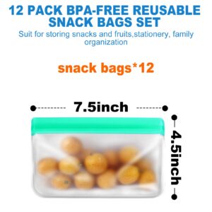 12 Pack Reusable Snack Bags, Reusable Ziplock Silicone Bags Reusable Food Storage Bags, Snack Size Zip Lock Bag for Travel Home Fridge Kitchen Organization and Storage Lunch Meal Prep Snack Containers