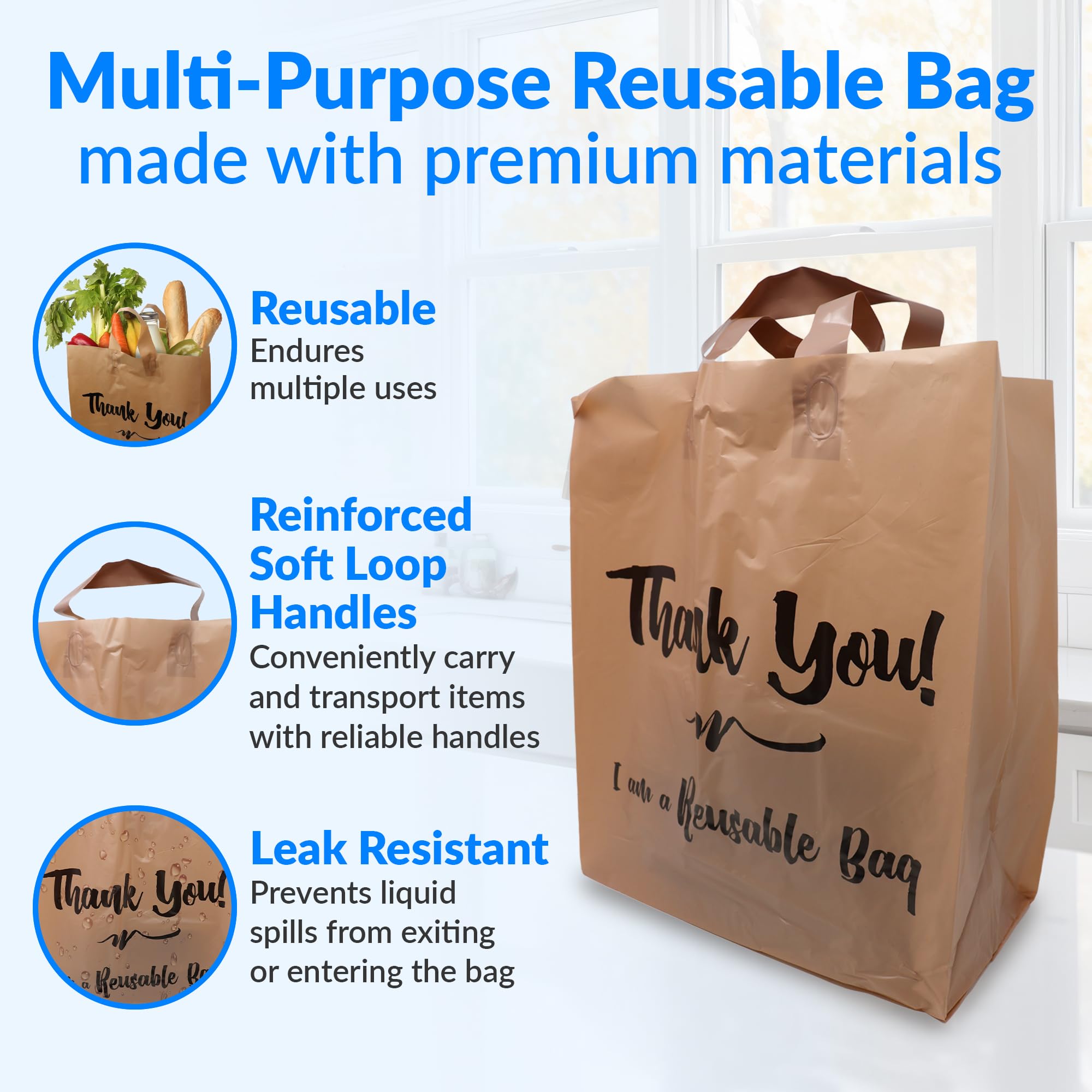 Reli. Reusable Thank You Bags | 250 Bags Bulk | 2 Mil | Brown/Kraft Shopping Bags with Handles | Take out/ToGo Plastic Bags for Food, Grocery, Retail | 12" L x 6.75" W x 14" H | Self-Standing, Gusset