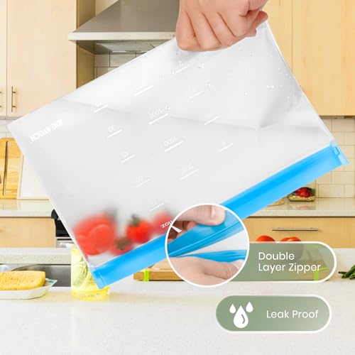 Dishwasher Safe Reusable Storage Bags Stand Up - BPA Free PEVE Reusable Sandwich Bags - Leakproof Gallon Freezer Bags, Silicone Food Storage Bags (6 Gallon)