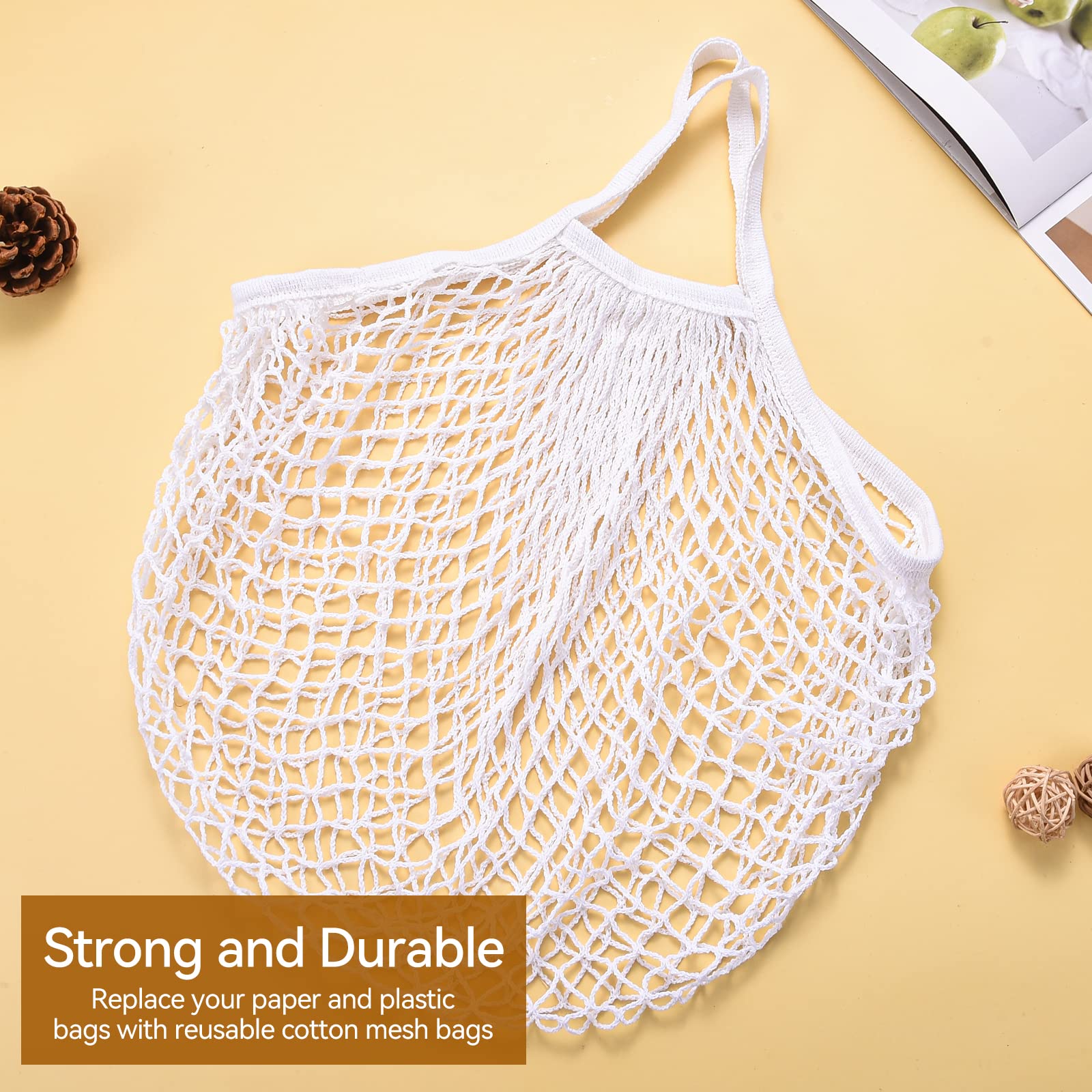 Eslazoer [2 pack completely Cotton string storage shopping bags, Ecology Reusable and washable mesh grocery bag, Portable short handle net tote White