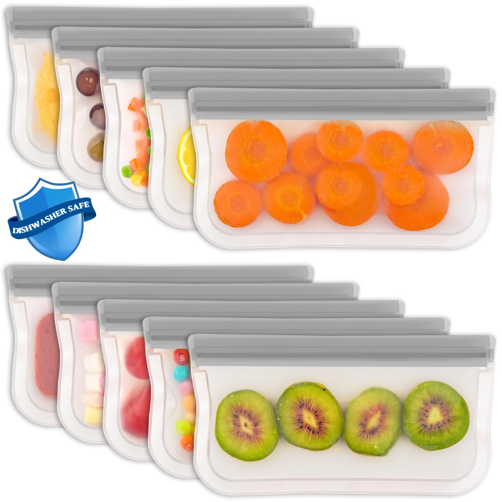 ANZNKU Reusable Food Storage Bags, 10 Pack Reusable Snack Bags, BPA Free PEVA Reusable Freezer Bags, Dishwasher Safe Silicone Bags Reusable Storage, Leak-proof Reusable Lunch Bags for Kitchen Storage