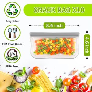 ANZNKU Reusable Food Storage Bags, 10 Pack Reusable Snack Bags, BPA Free PEVA Reusable Freezer Bags, Dishwasher Safe Silicone Bags Reusable Storage, Leak-proof Reusable Lunch Bags for Kitchen Storage