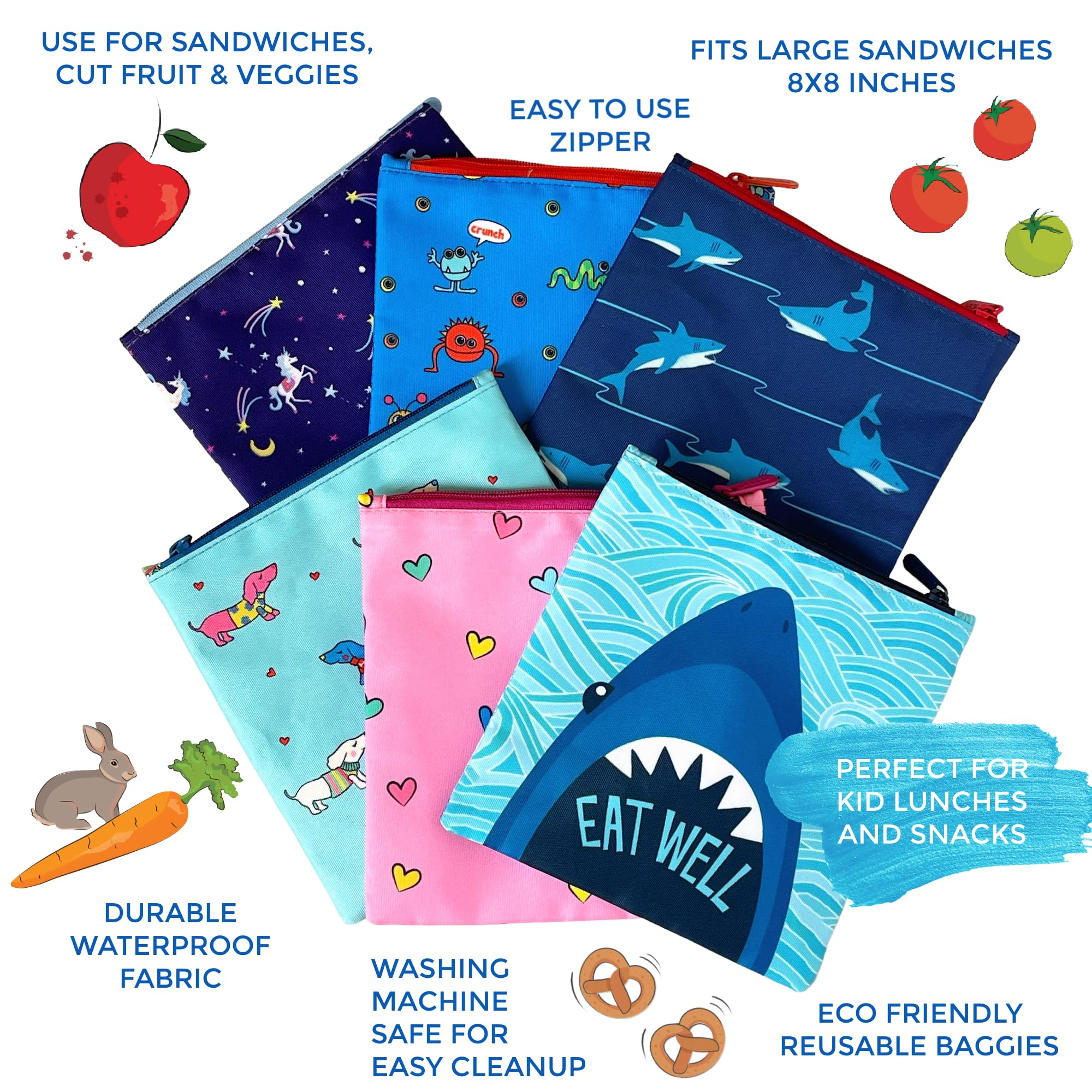 Yumbox Reusable Sandwich and Snack Bags (2-Pack) Fun Shark Prints for Toddlers and Kids, Eco-Friendly, BPA-Free, Water-Resistant, Lined, Washable fabric, Ideal kids snack bag, Zip Close, 8x8 in Large