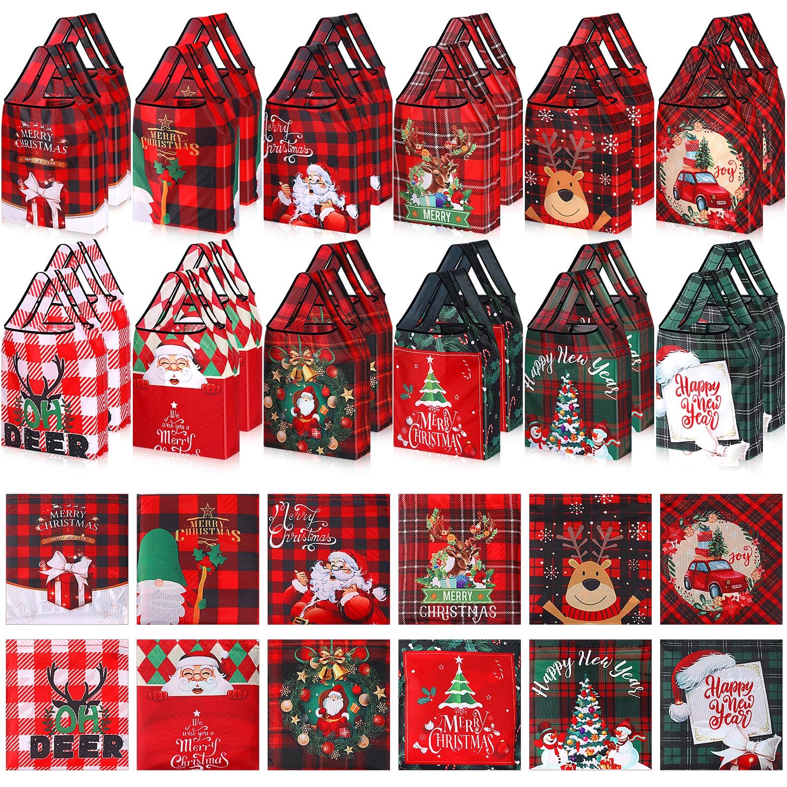 Paterr 24 Pack Christmas Reusable Grocery Bags Foldable Tote Bag Shopping Bag Gift Bags 50lbs Polyester Carry Pouch for Xmas (Vivid)