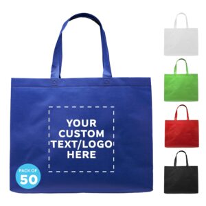 discount promos custom jumbo sized tote bags set of 50, personalized bulk pack - reusable grocery bags, shopping bags, promotional item totes for women - blue