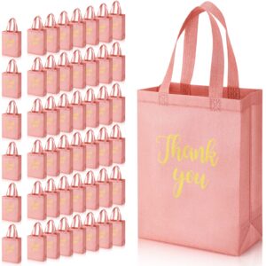 roowest 50 pcs reusable thank you grocery bags shopping bags non woven shopping merchandise bag with handles (pink, gold)