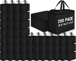 windyun 200 pcs reusable grocery bags 12.6 x 11.8 x 6.3 inches large non woven shopping bags foldable portable tote bags bulk (black)