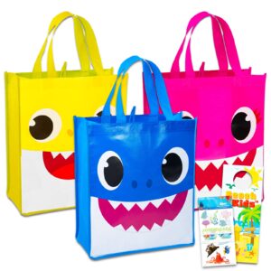 screen legends baby shark tote bag bundle - 3 baby shark reusable grocery bags, travel totes for kids party supplies, party favors plus stickers, more | baby shark reusable tote bag