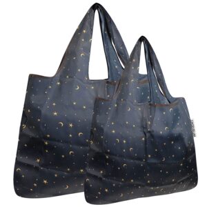 allydrew large & small foldable tote nylon reusable grocery bags, set of 2, moon & stars