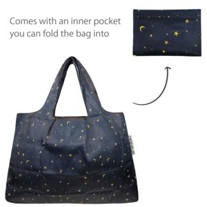 allydrew Large & Small Foldable Tote Nylon Reusable Grocery Bags, Set of 2, Moon & Stars