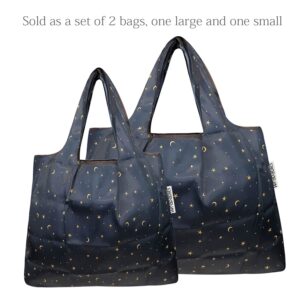 allydrew Large & Small Foldable Tote Nylon Reusable Grocery Bags, Set of 2, Moon & Stars