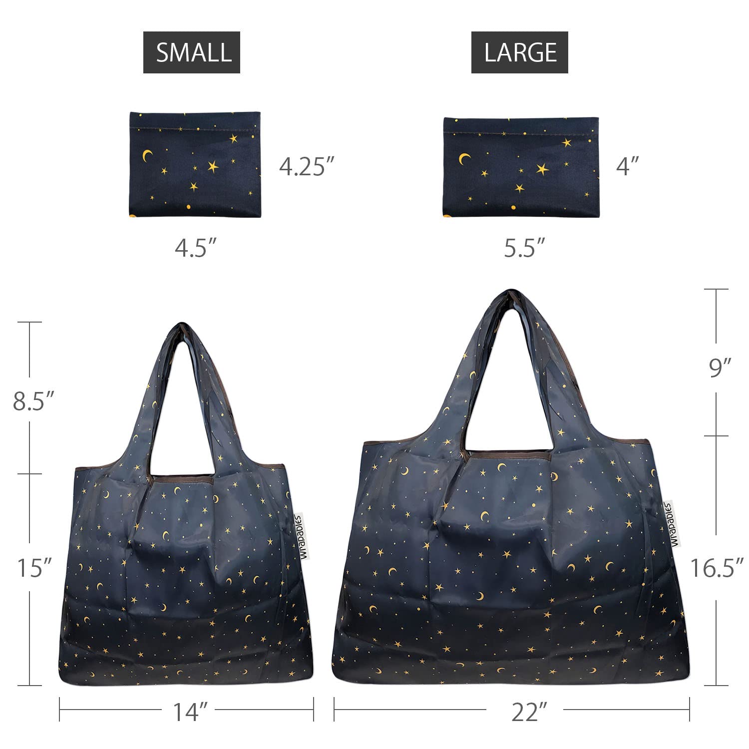 allydrew Large & Small Foldable Tote Nylon Reusable Grocery Bags, Set of 2, Moon & Stars