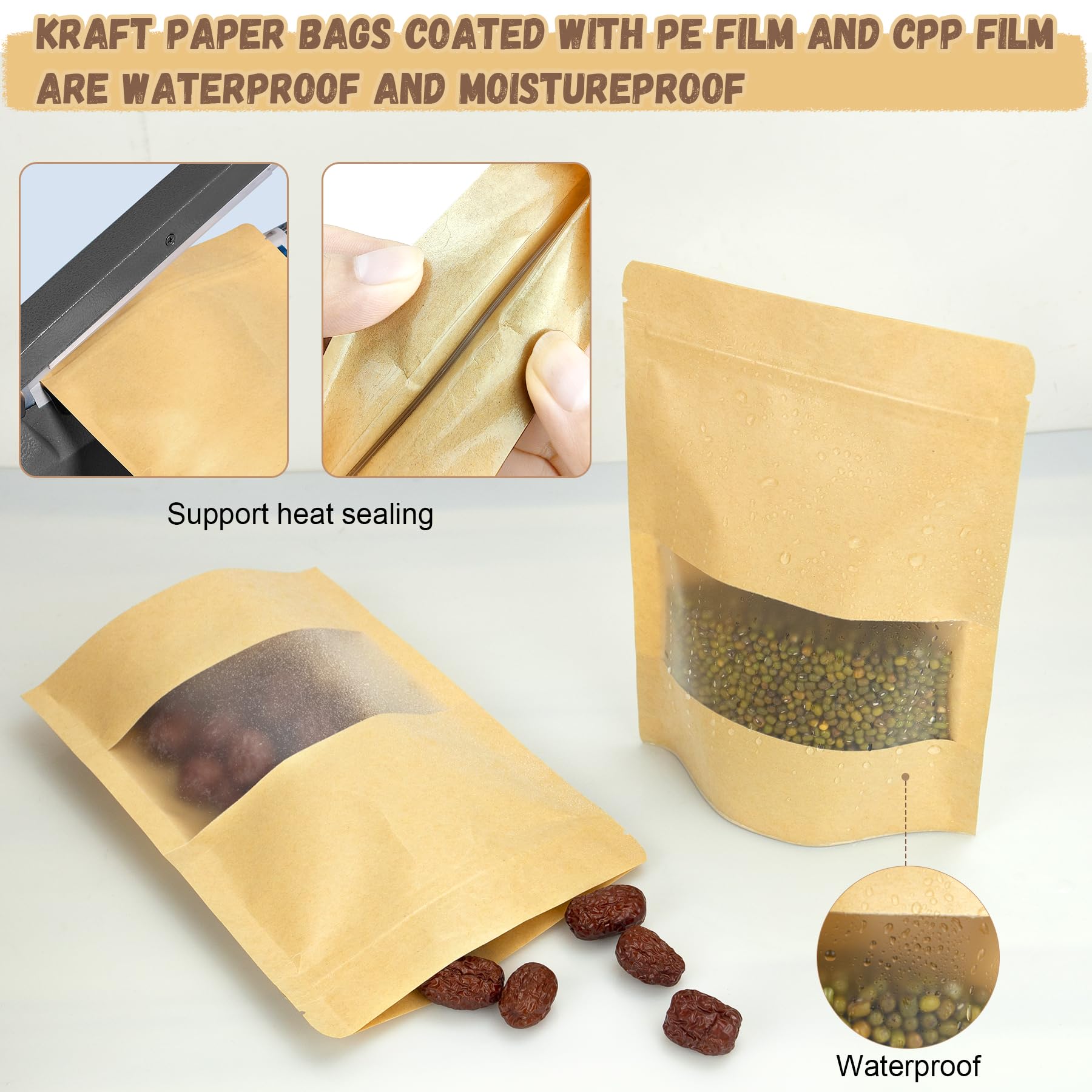 TROUSKAIG Reusable Food Storage Bags, Resealable Bags for Food, 50 PCS 3.5"×5.5" Kraft Paper Bags with Window,Stand Up Pouches, Brown Paper Bags for Food Packaging Bags Sample Bags for Small Business