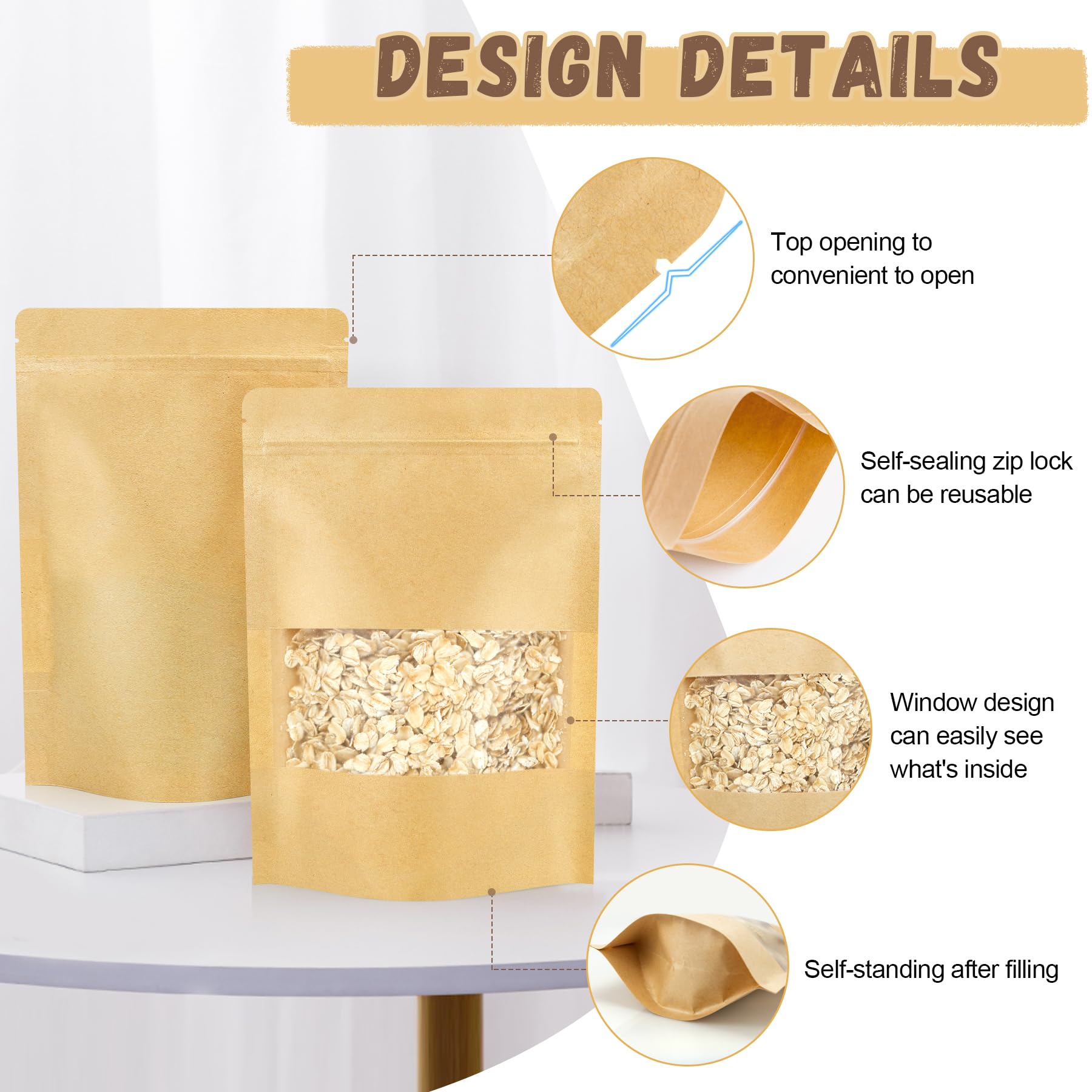 TROUSKAIG Reusable Food Storage Bags, Resealable Bags for Food, 50 PCS 3.5"×5.5" Kraft Paper Bags with Window,Stand Up Pouches, Brown Paper Bags for Food Packaging Bags Sample Bags for Small Business