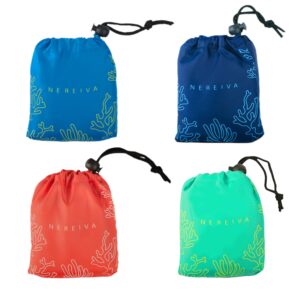 nereiva 4 pack 55 pound reusable grocery bags with attached pouch, large capacity, durable, washable, foldable into a small pouch, easy shoulder or hand carry with handles, stylish shopping bag