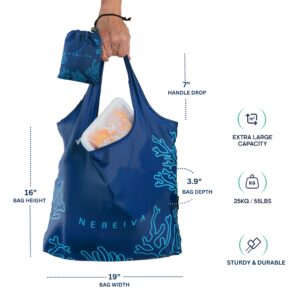 Nereiva 4 Pack 55 Pound Reusable Grocery Bags with attached pouch, Large Capacity, Durable, Washable, Foldable into a Small Pouch, Easy Shoulder or Hand Carry with handles, Stylish Shopping bag