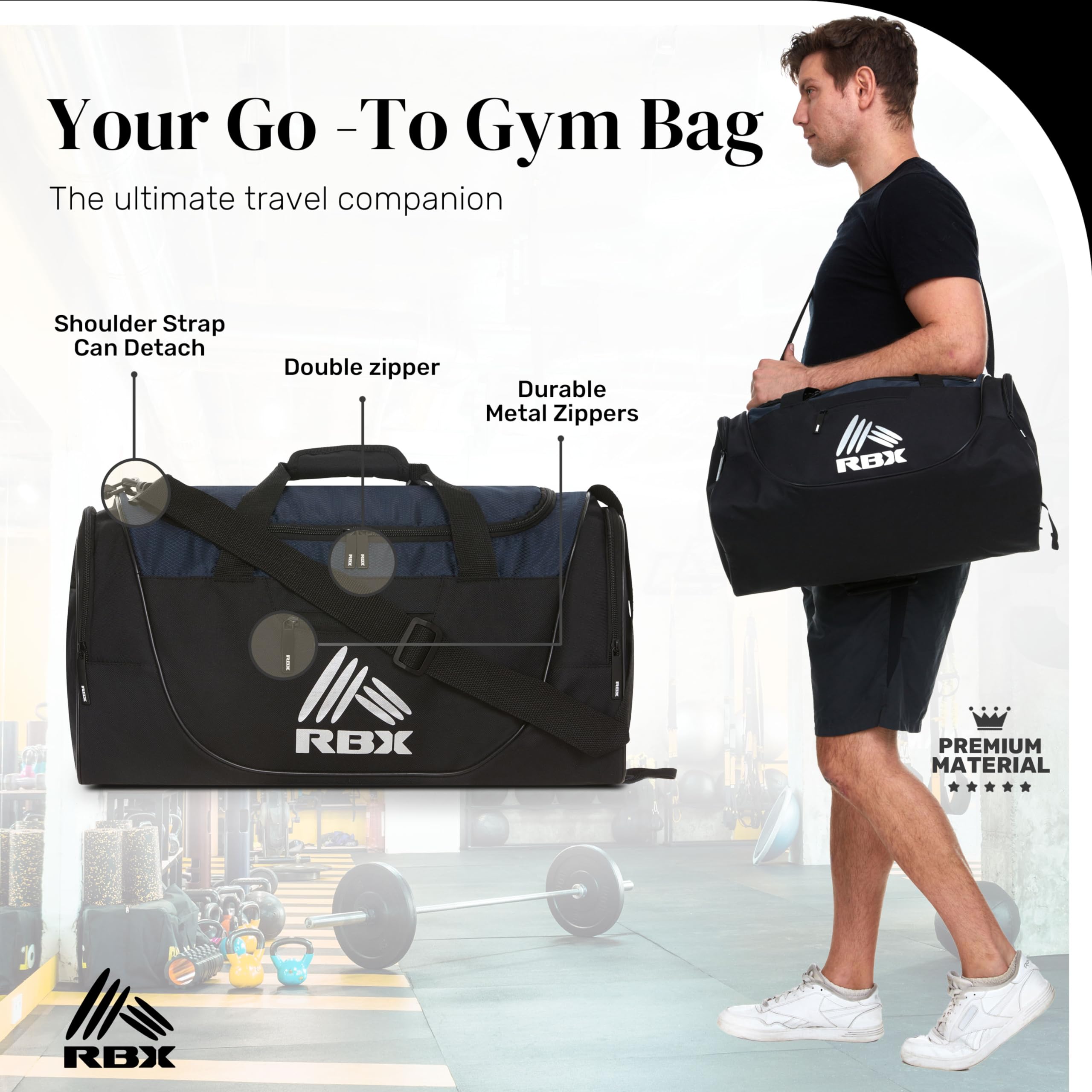 RBX Gym Bags for Men, Small Gym Bag for Women with Shoe Compartment, Duffle Bag for Travel, Sports Bag, Camping, Weekend, Carry On, Overnight Duffel Bag for Women with Shoulder Strap