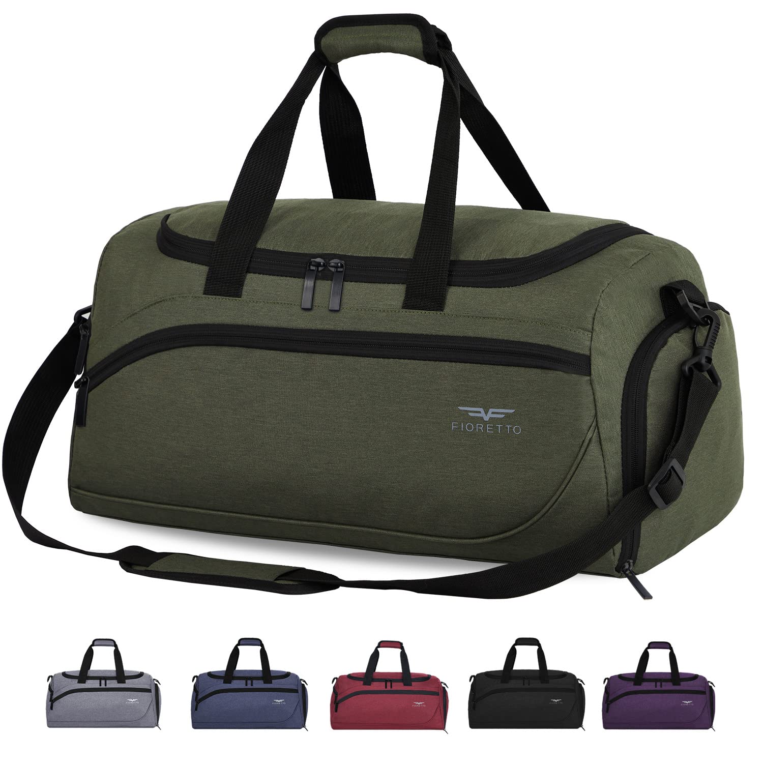 FIORETTO 35L Mens Sports Gym Duffle Bag with Wet Pocket & Shoe Compartment, Overnight Weekender Bag with Padded Shoulder Strap, Ideal for Travel, Gym, Sports, Swimming, Army Green