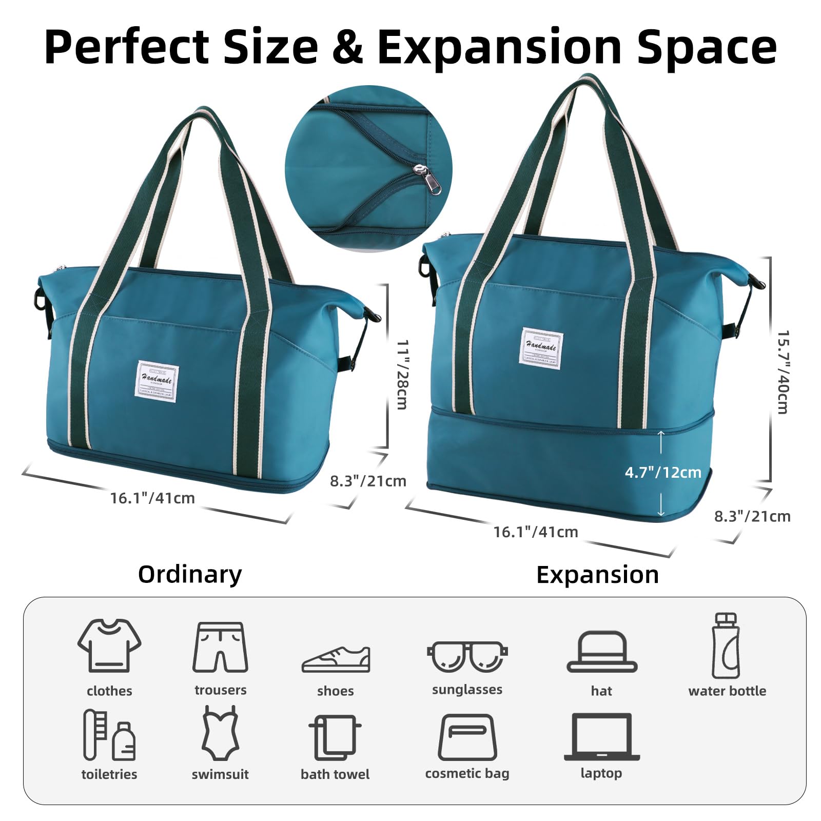 WALNEW Travel Duffel Bag, Weekender Overnight Carry On Bag for Women Men, Foldable Waterproof Gym Luggage with Metal Buckle Detachable Shoulder Strap and Wet Compartment (Peacock Blue)