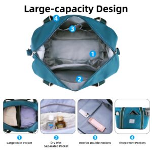 WALNEW Travel Duffel Bag, Weekender Overnight Carry On Bag for Women Men, Foldable Waterproof Gym Luggage with Metal Buckle Detachable Shoulder Strap and Wet Compartment (Peacock Blue)