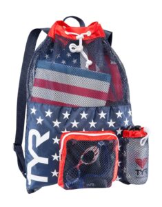 tyr big mesh mummy backpack for wet swimming, gym, and workout gear, red/navy, one size (lbmmb3)