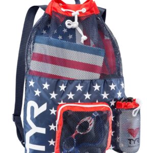 TYR Big Mesh Mummy Backpack For Wet Swimming, Gym, and Workout Gear, Red/Navy, One Size (LBMMB3)