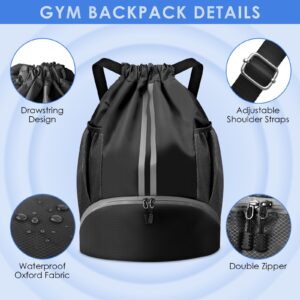 BROTOU Soccer Bags, Football Backpack, Volleyball Bag, Drawstring Soccer Backpack with Ball and Shoe Compartment, Gym Bags for Men/Women, Football bags for Equipment Swim Gym Bag (L,Black)