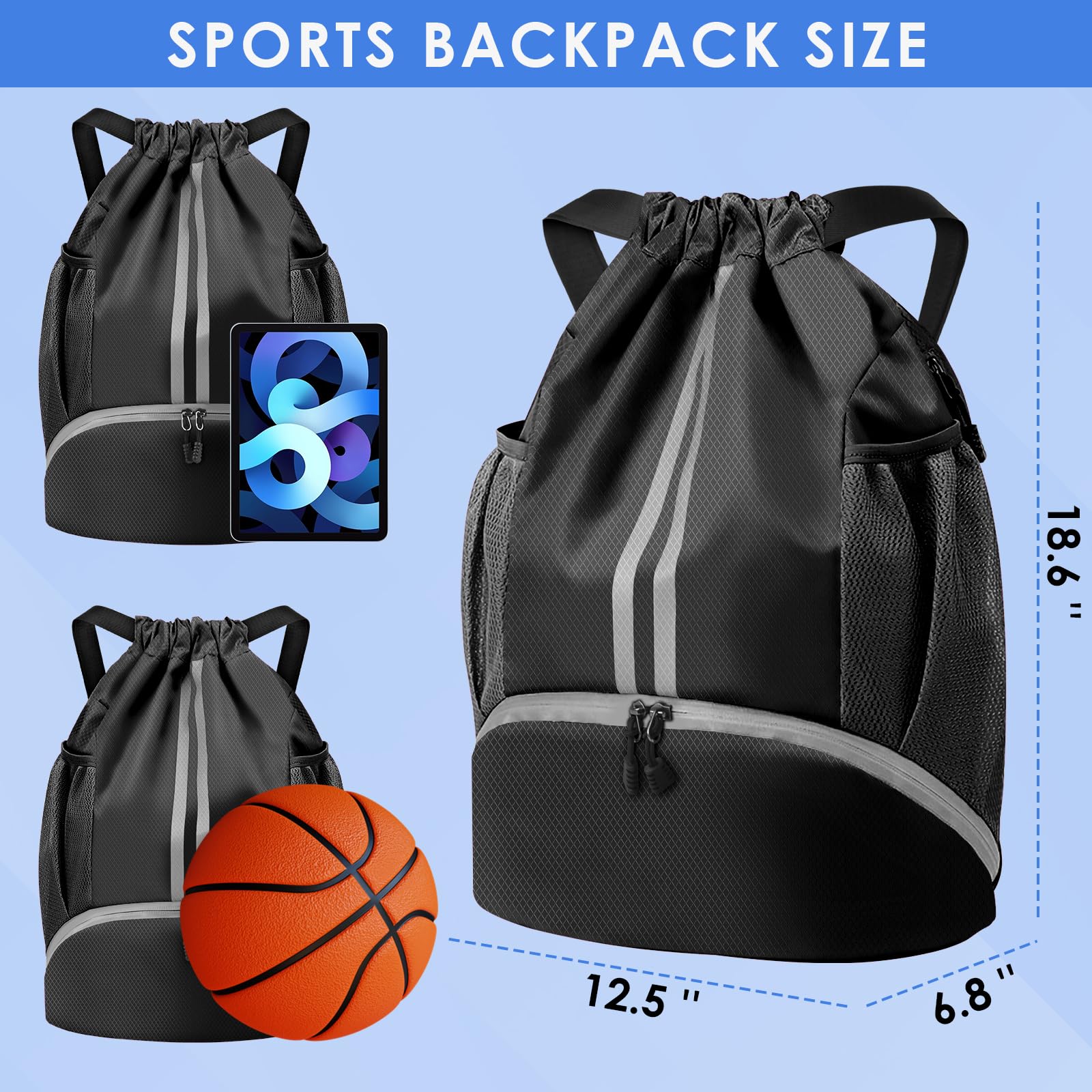 BROTOU Soccer Bags, Football Backpack, Volleyball Bag, Drawstring Soccer Backpack with Ball and Shoe Compartment, Gym Bags for Men/Women, Football bags for Equipment Swim Gym Bag (L,Black)