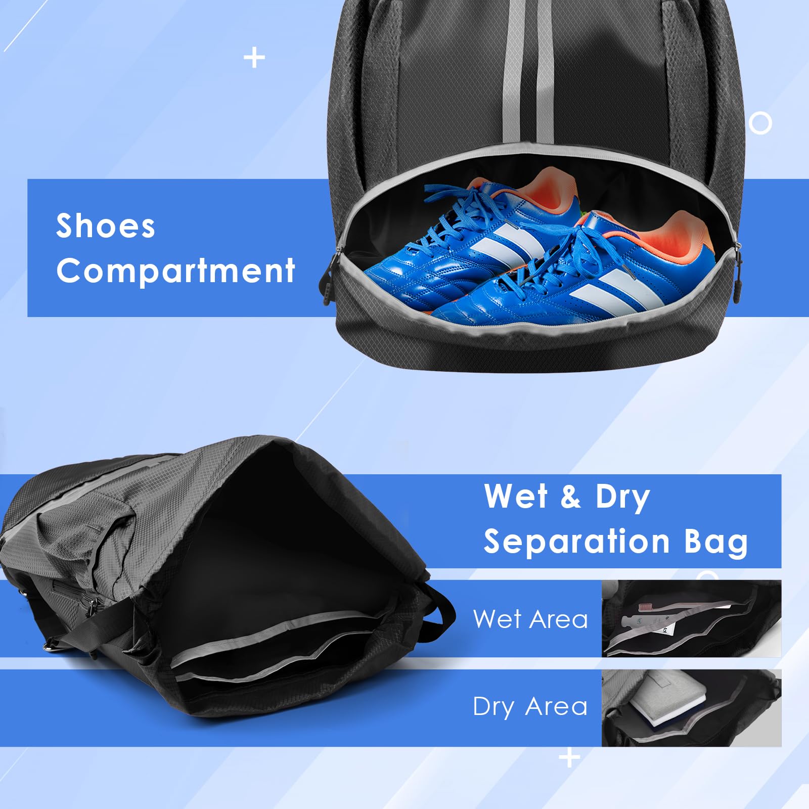 BROTOU Soccer Bags, Football Backpack, Volleyball Bag, Drawstring Soccer Backpack with Ball and Shoe Compartment, Gym Bags for Men/Women, Football bags for Equipment Swim Gym Bag (L,Black)