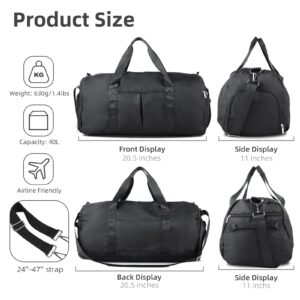 DAYGOS Gym Bag for Men, 40L Waterproof Sports Duffle Bags with Shoe & Wet Compartment, Small Carry On Travel Tote Bags with Trolley Sleeve for Personal Item, Fitness & Workout Gear, Black