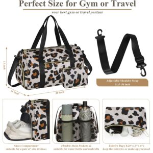 Pritent Gym Bag for Women with Shoe Compartment, Sport Gym Tote Bags Waterproof Travel Duffle Carry on Weekender Overnight Bag for Hospital Yoga Beach Maternity Mommy 20inch Leopard