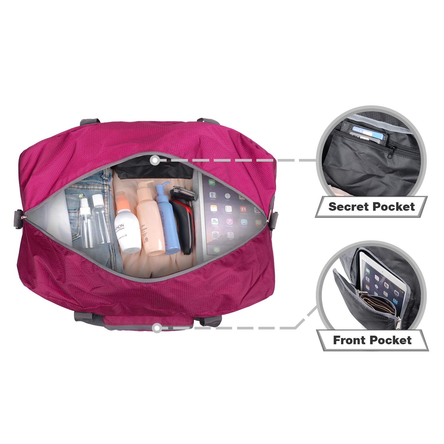 WANDF 24" Foldable Duffle Bag 60L for Travel Gym Sports Lightweight Luggage Duffel 24 inches (60 Liter), Fuchsia 24"