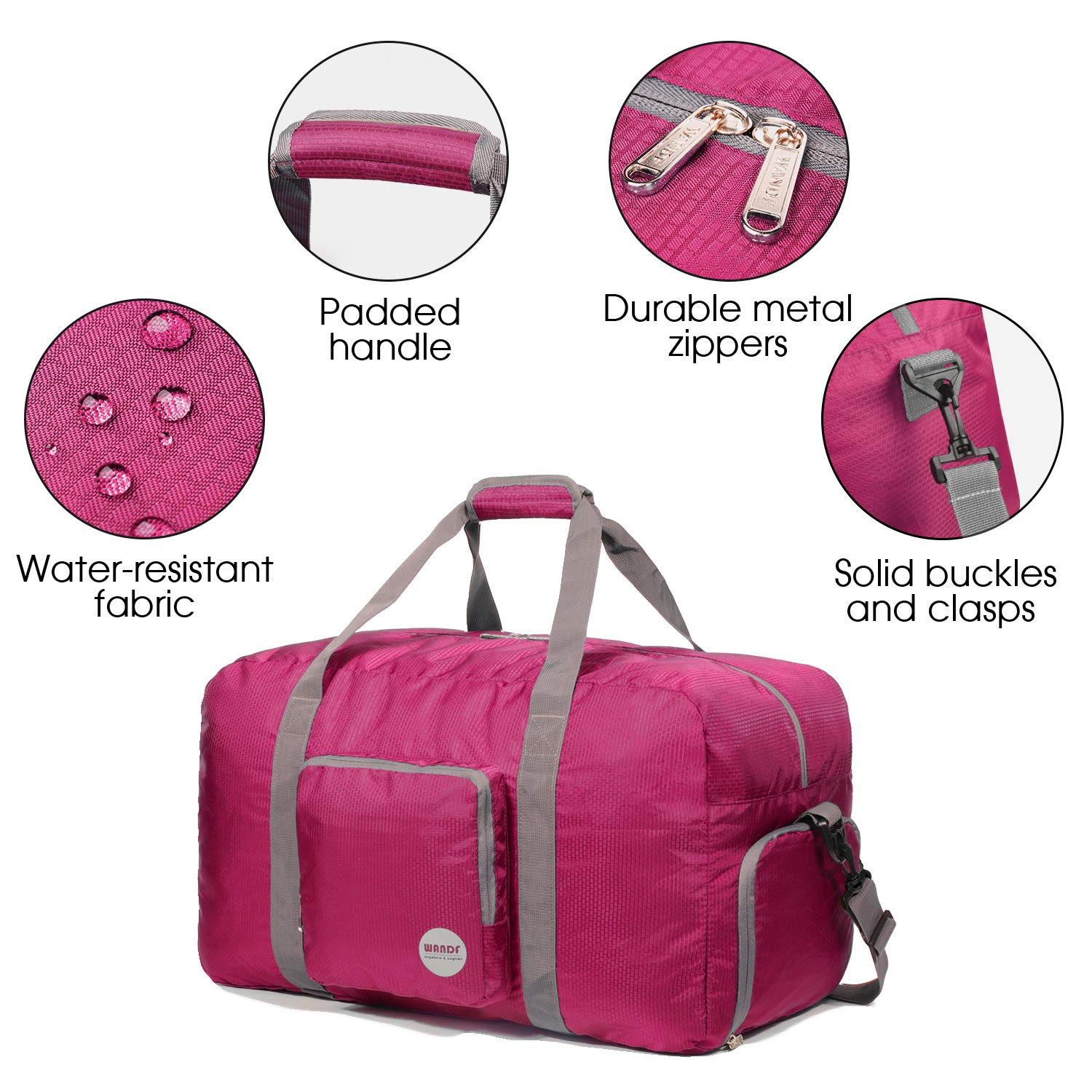 WANDF 24" Foldable Duffle Bag 60L for Travel Gym Sports Lightweight Luggage Duffel 24 inches (60 Liter), Fuchsia 24"