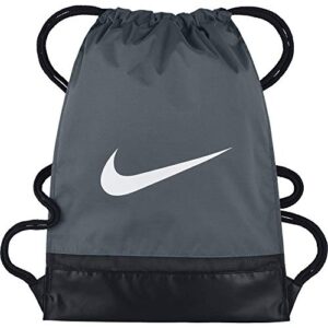 nike brasilia training gymsack, drawstring backpack with zippered sides, water-resistant bag, flint grey/black/white