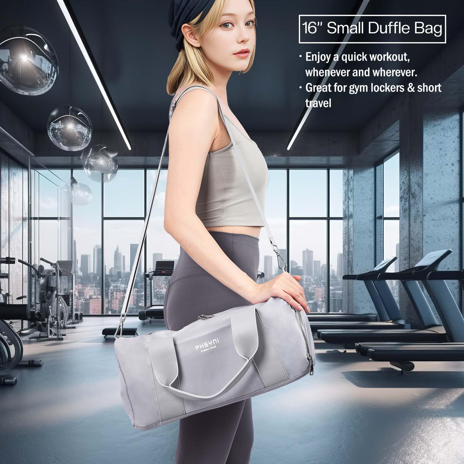 PHSYNI Compact Sports Gym Bag for Women and Men, Cute Mini Duffle Bag with Wet Pocket & Shoes Compartment, Personal Item Travel Workout Bag, 16"-Small, Grey