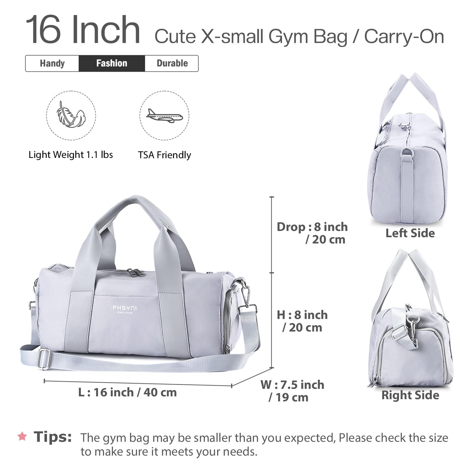 PHSYNI Compact Sports Gym Bag for Women and Men, Cute Mini Duffle Bag with Wet Pocket & Shoes Compartment, Personal Item Travel Workout Bag, 16"-Small, Grey