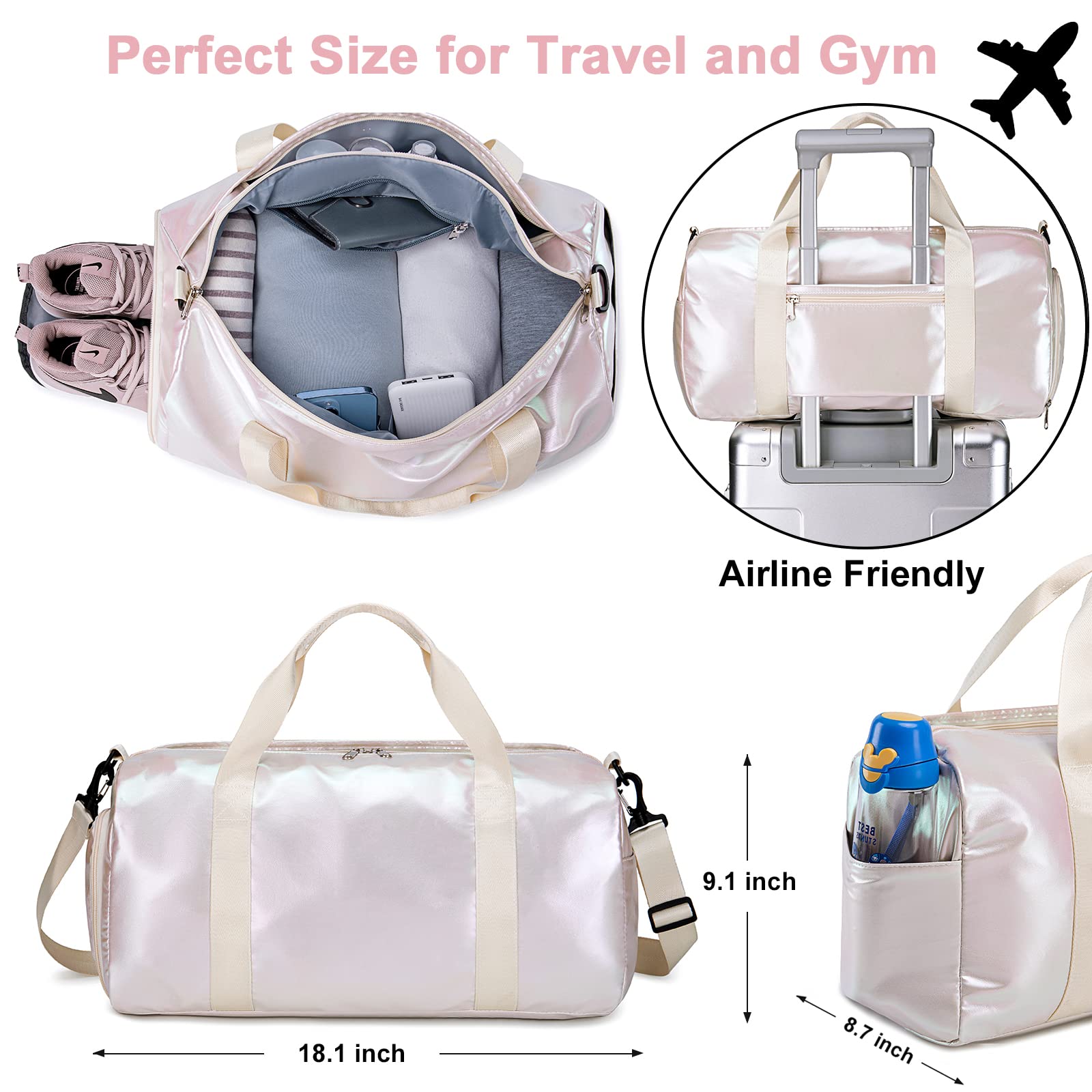 Gym Bag Sports Duffle Bag with Wet Pocket Weekender Overnight Bag with Waterproof Shoe Pouch and Air Hole for Women Girls Travel Foldable Bag (Metallic Beige)