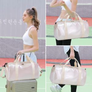 Gym Bag Sports Duffle Bag with Wet Pocket Weekender Overnight Bag with Waterproof Shoe Pouch and Air Hole for Women Girls Travel Foldable Bag (Metallic Beige)