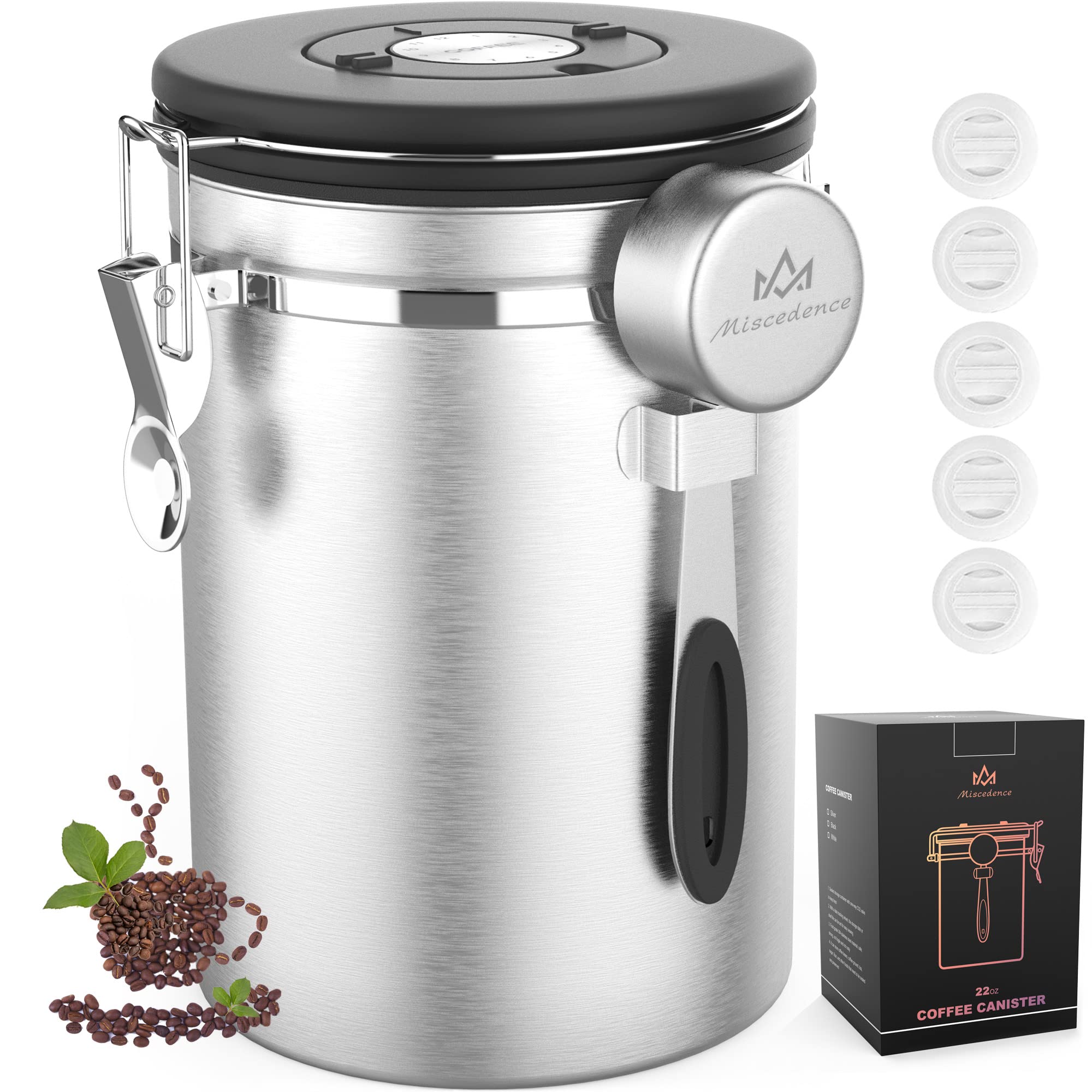 Miscedence Coffee canister for ground coffee with Scoop Date Tracker One Way Co2 Valve 304 Stainless Steel Kitchen Food Airtight storage container for Coffee Beans,Grounds,Tea,Sugar (Silver, 22oz)