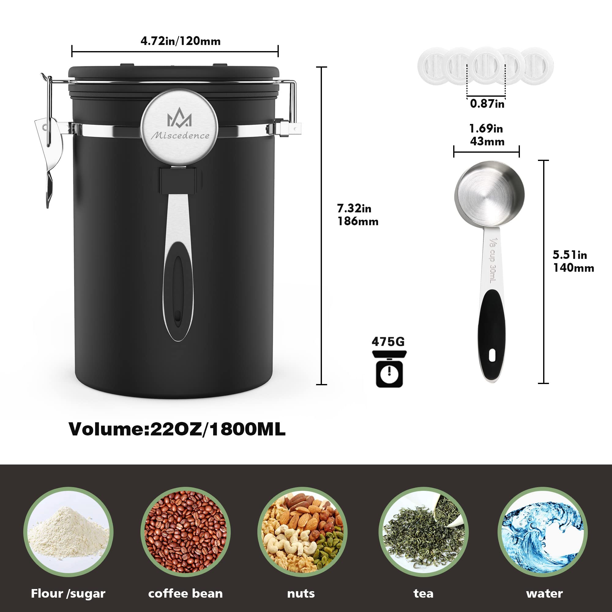 Miscedence Coffee canister for ground coffee with Scoop Date Tracker One Way Co2 Valve 304 Stainless Steel Kitchen Food Airtight storage container for Coffee Beans,Grounds,Tea,Sugar (Silver, 22oz)