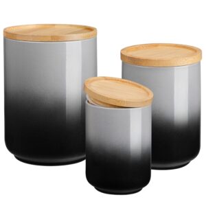 lovecasa canister sets for kitchen,ceramic food storage canisters for countertop with airtight wood lids, flour and suger containers for coffee, tea,spice,cereal,set of 3