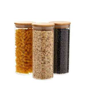 juvale glass canisters with airtight bamboo lids, 3 pack glass storage containers for pantry, ideal for dry foods, coffee, sugar, and snacks, 32.5 oz