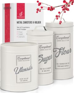 noonberry canisters for kitchen counter, set of 3 - airtight sugar and flour containers & xl kitchen utensil holder, vintage farmhouse canister set for kitchen countertop