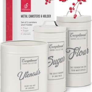 noonberry Canisters for Kitchen Counter, Set of 3 - Airtight Sugar and Flour Containers & XL Kitchen Utensil Holder, Vintage Farmhouse Canister Set for Kitchen Countertop