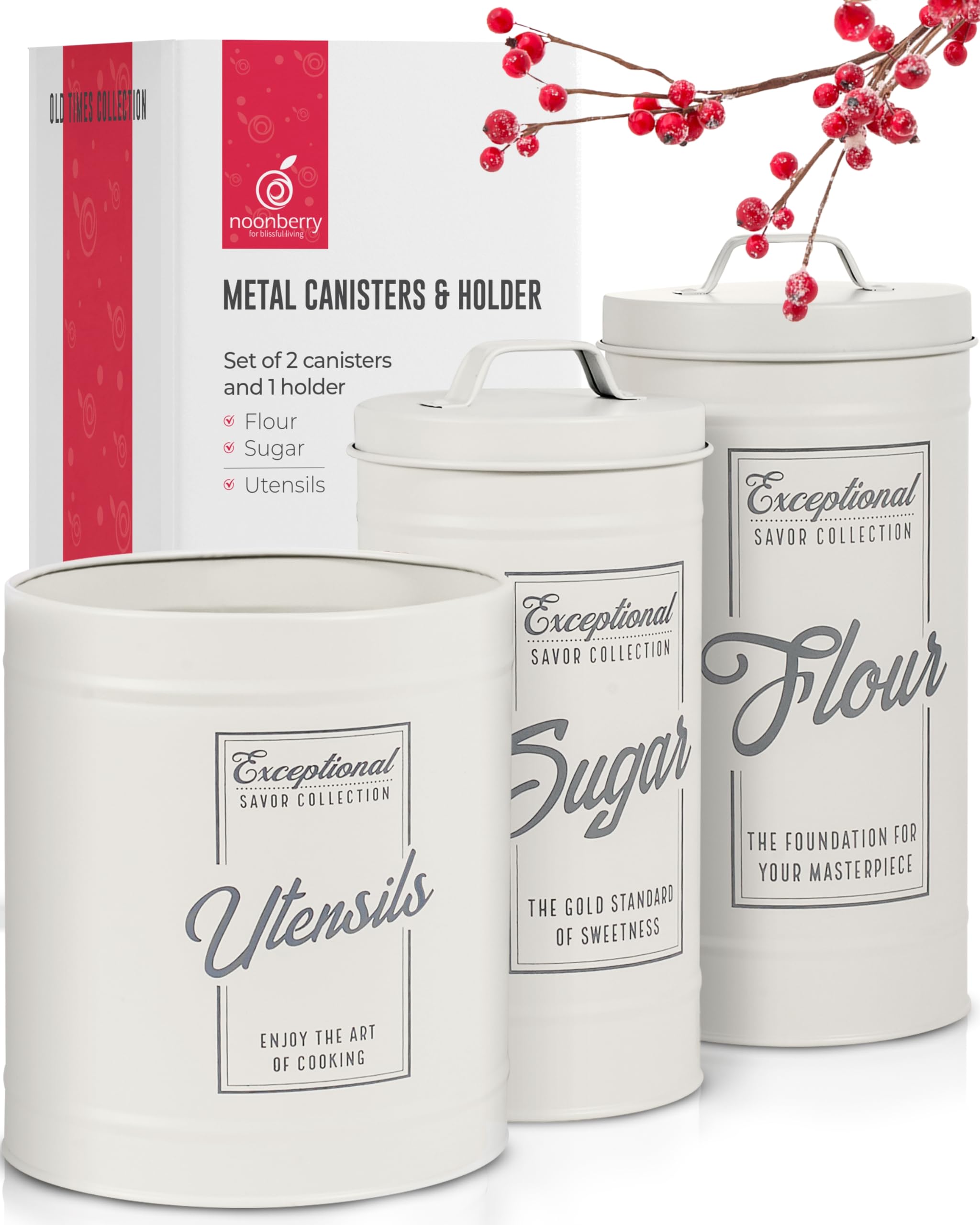 noonberry Canisters for Kitchen Counter, Set of 3 - Airtight Sugar and Flour Containers & XL Kitchen Utensil Holder, Vintage Farmhouse Canister Set for Kitchen Countertop