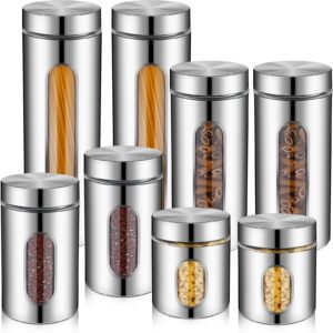 zopeal 8 pcs kitchen canister set stainless steel nested canister storage set with glass window airtight lid coffee sugar tea storage jars for flour pasta cookies spices grains (silver)