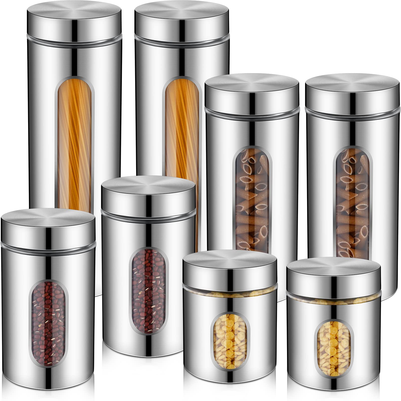 Zopeal 8 Pcs Kitchen Canister Set Stainless Steel Nested Canister Storage Set with Glass Window Airtight Lid Coffee Sugar Tea Storage Jars for Flour Pasta Cookies Spices Grains (Silver)